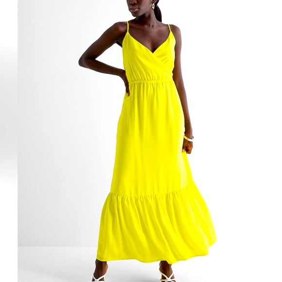 Express | Dresses | Nwt Express L Radiant Citron Satin Rap Front Tiered ...
